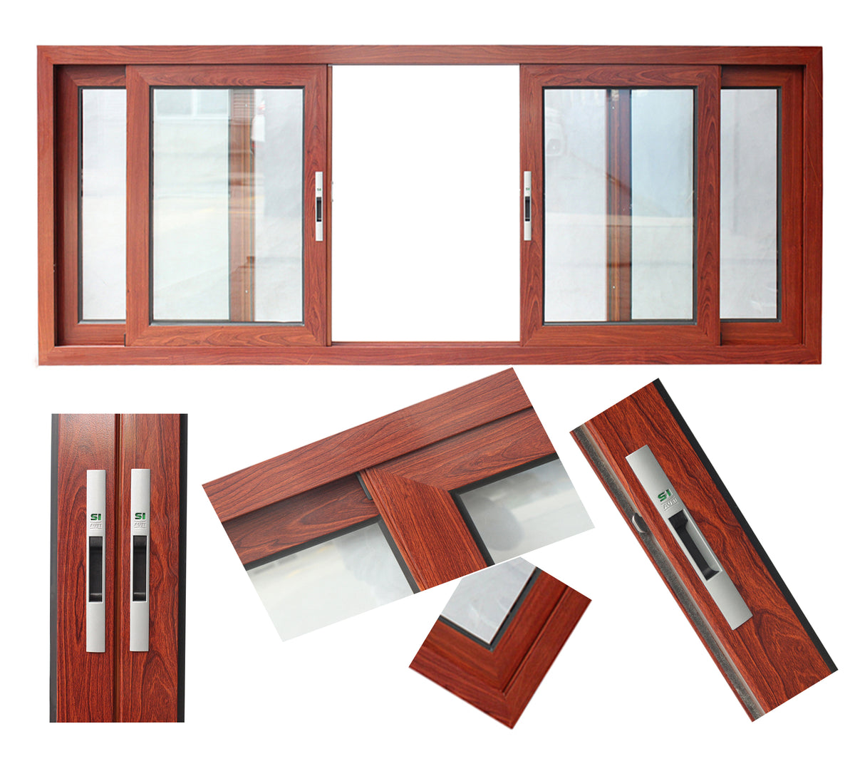 Superwu Wooden color sliding windows 4 panels tempered glass aluminum ...